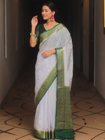 Banarasee Handloom Mirror Work Dupion Saree With Contrast Border-White