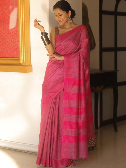 Bhagalpur Cotton Silk Ghichha Work Embroidered Saree-Pink