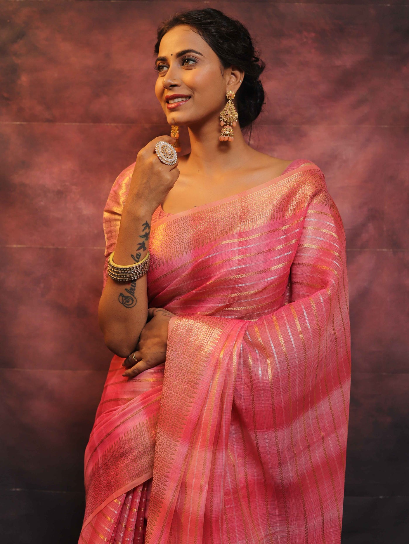 Banarasee Linen Tissue Sona Rupa Zari Work Saree-Pink
