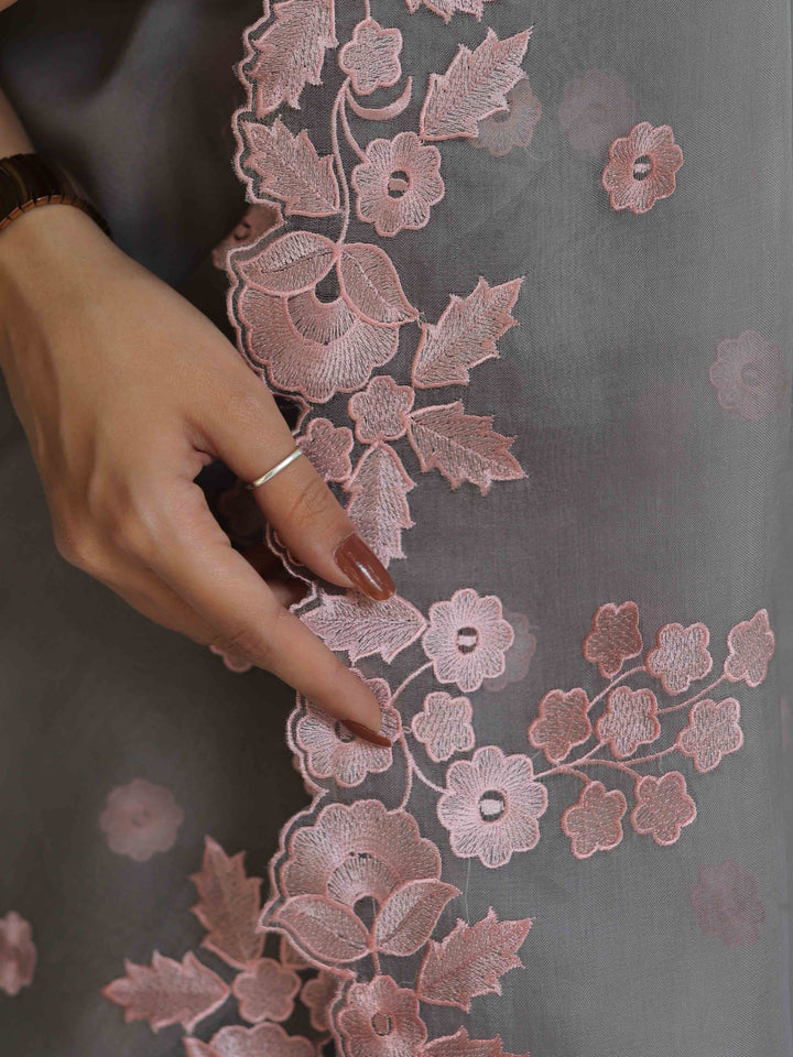 Banarasee Pure Organza Silk Saree With Floral Resham Embroidery-Grey