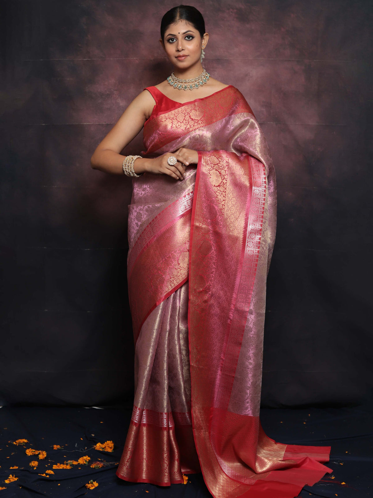 Banarasee Handwoven Broad Border Zari Jaal Design Tissue Saree-Pink