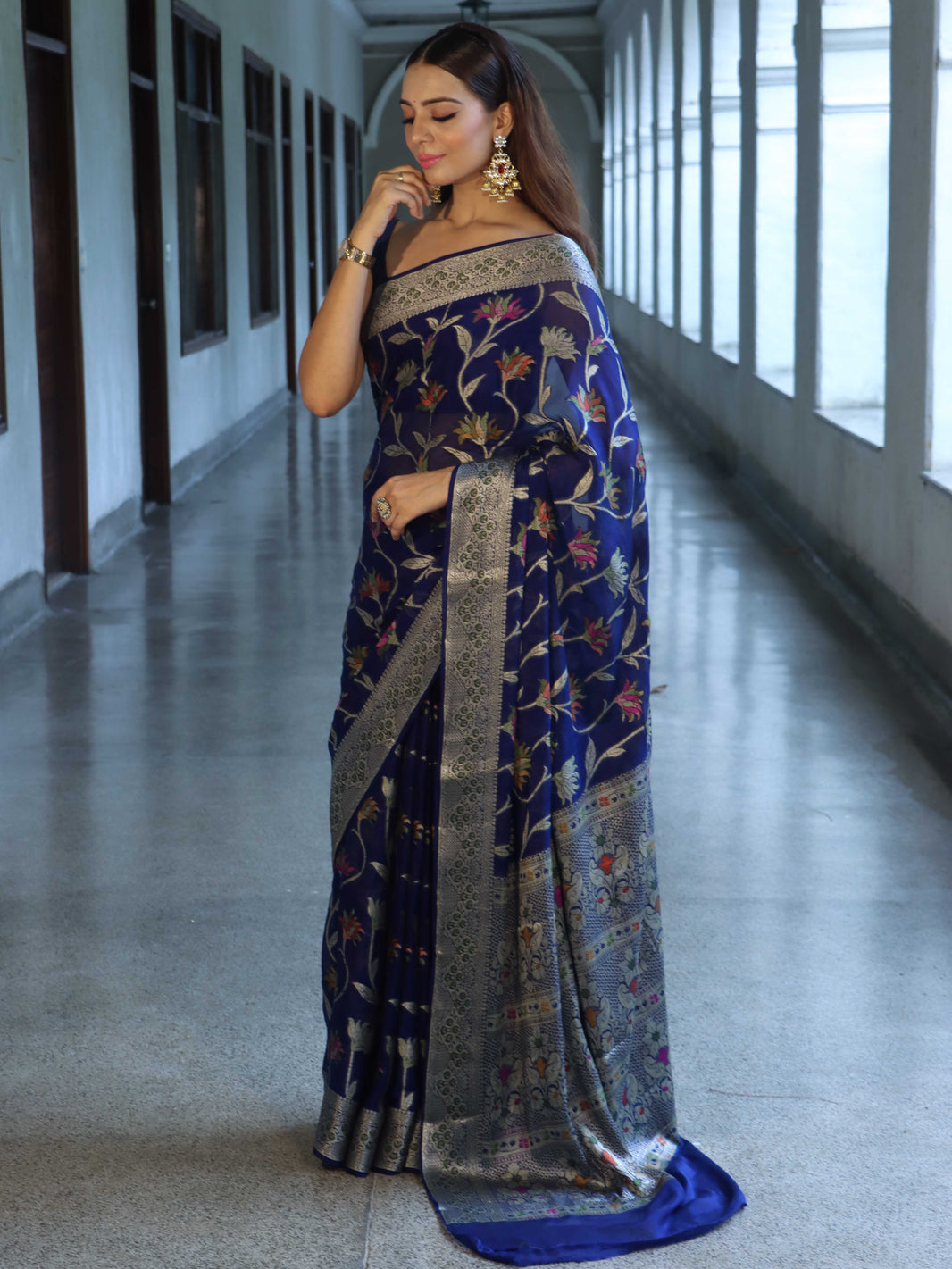 Banarasee Pure Chiffon Saree With Zari Work & Border-Blue