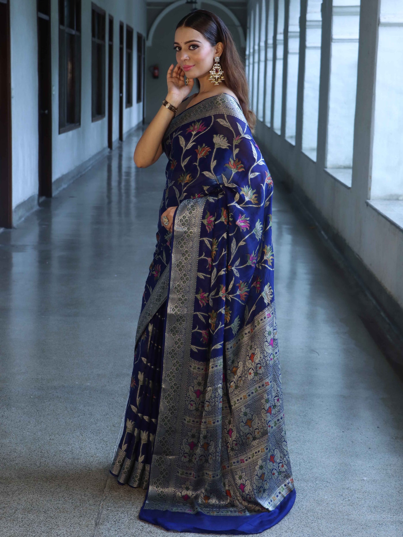 Banarasee Pure Chiffon Saree With Zari Work & Border-Blue
