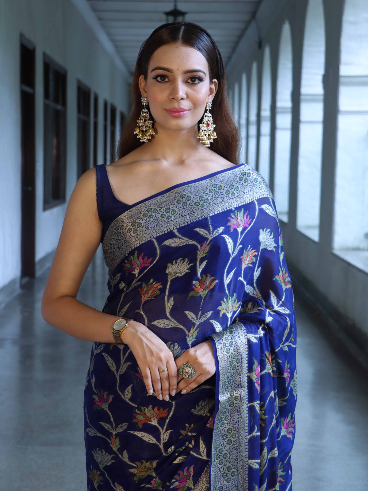 Banarasee Pure Chiffon Saree With Zari Work & Border-Blue