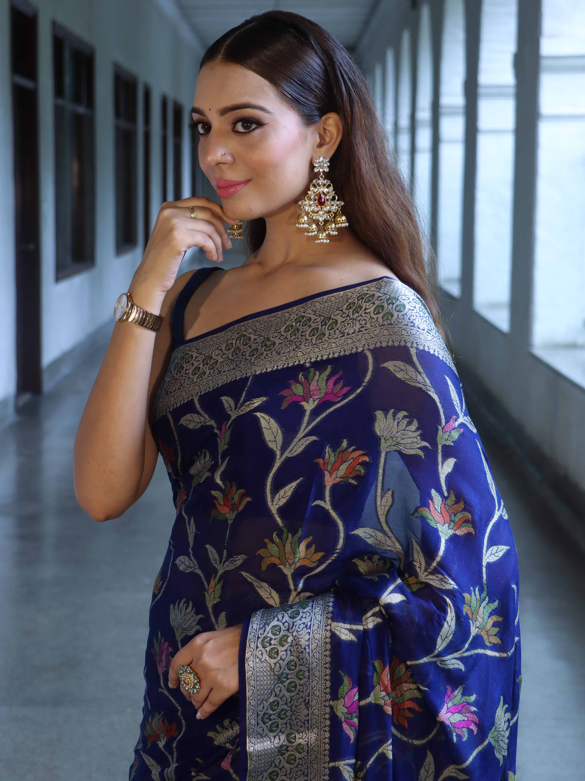 Banarasee Pure Chiffon Saree With Zari Work & Border-Blue