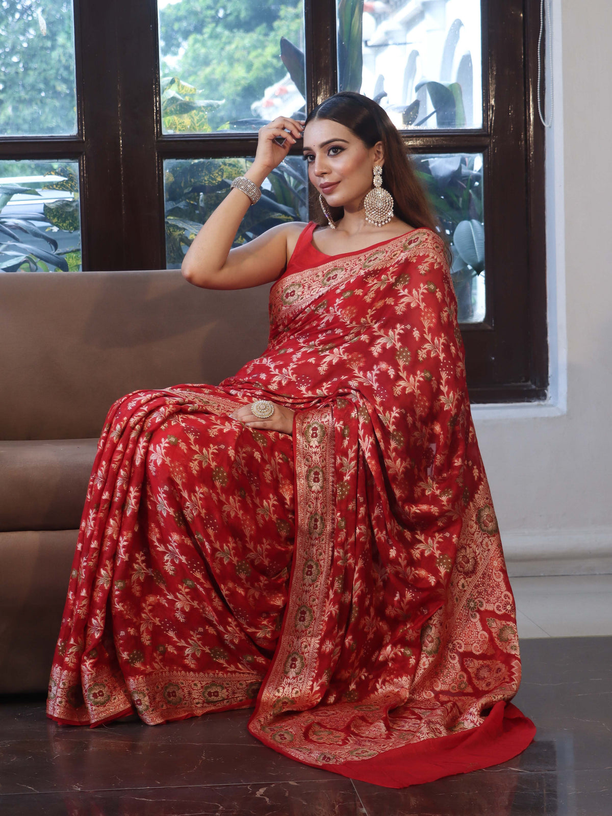 Banarasee Pure Chiffon Saree With Zari Jaal Design & Border-Red
