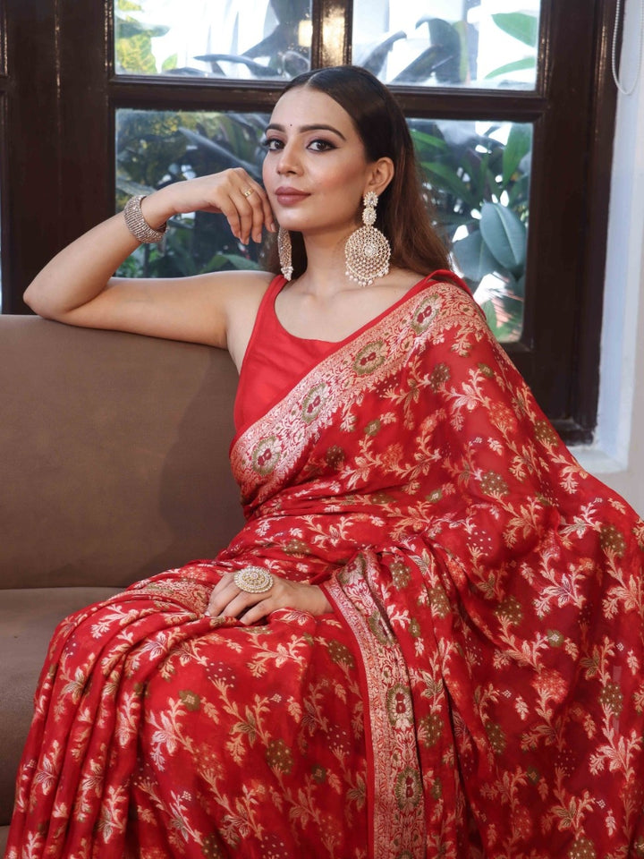 Banarasee Pure Chiffon Saree With Zari Jaal Design & Border-Red