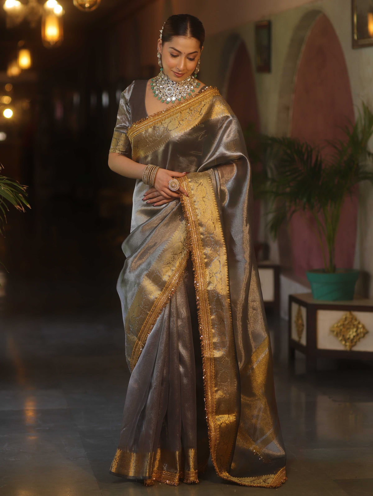 Banarasee Handwoven Plain Tissue Saree With Zari Border & Lace-Grey