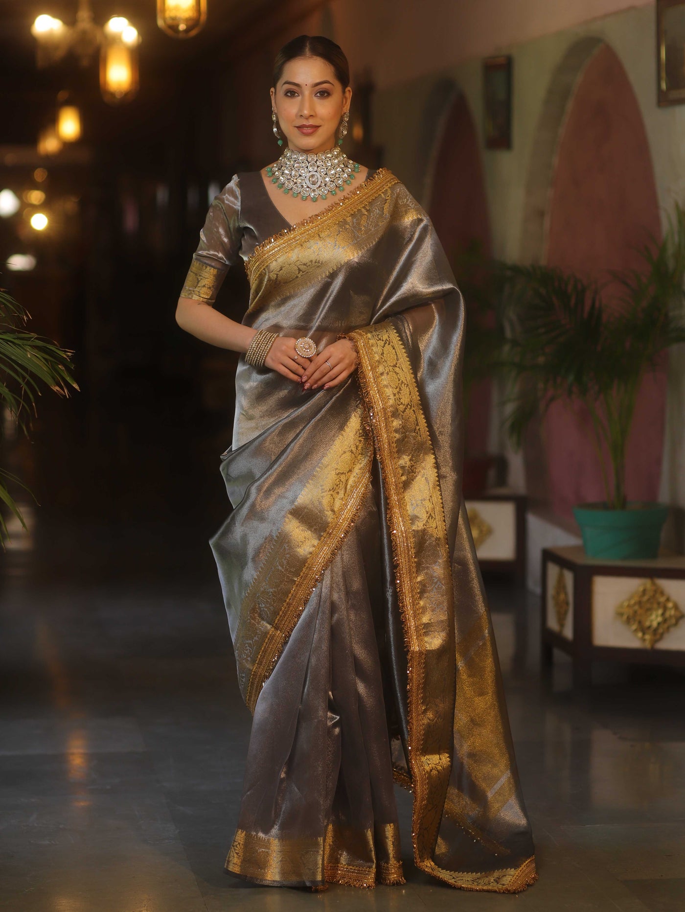 Banarasee Handwoven Plain Tissue Saree With Zari Border & Lace-Grey
