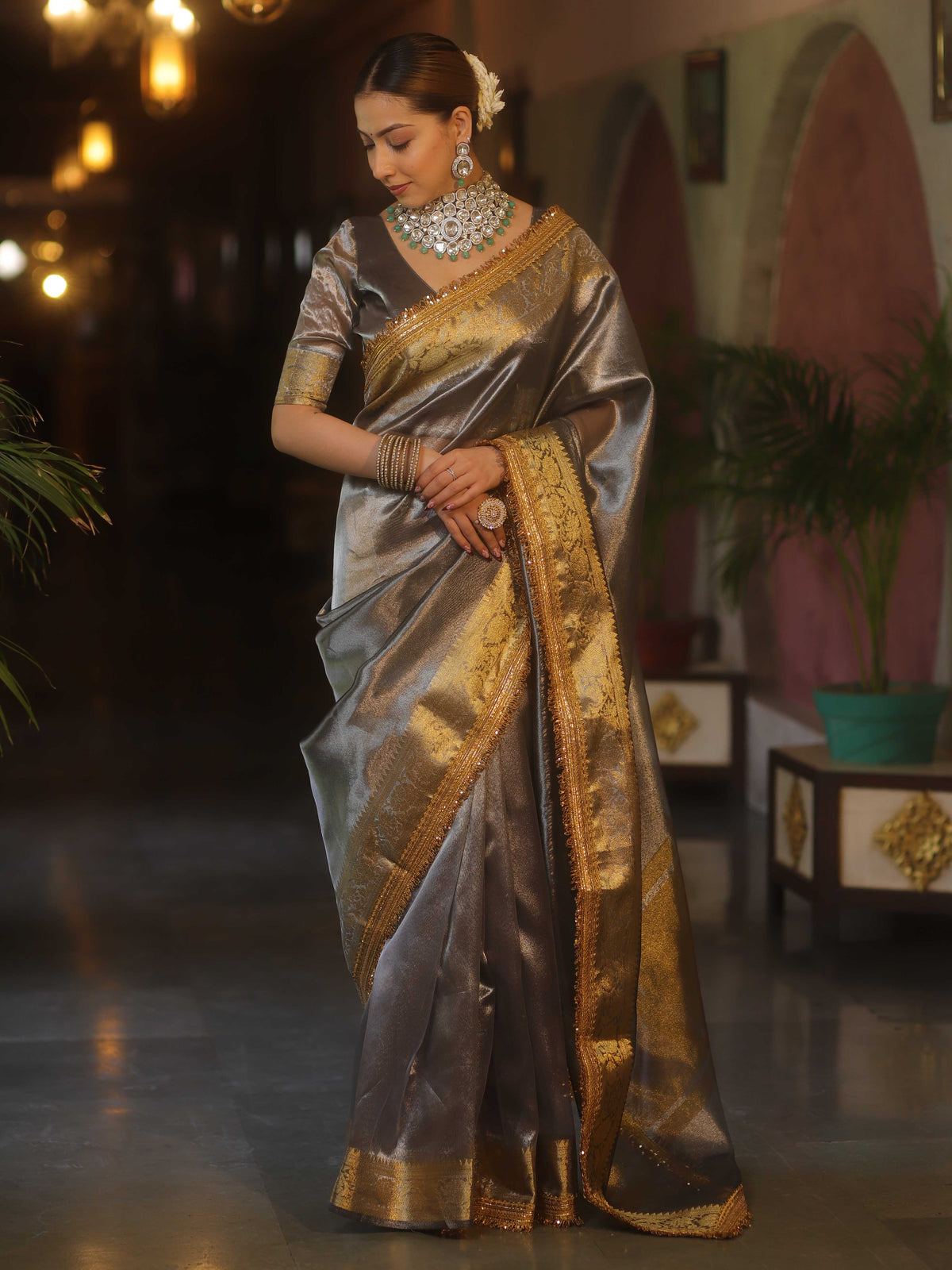 Banarasee Handwoven Plain Tissue Saree With Zari Border & Lace-Grey