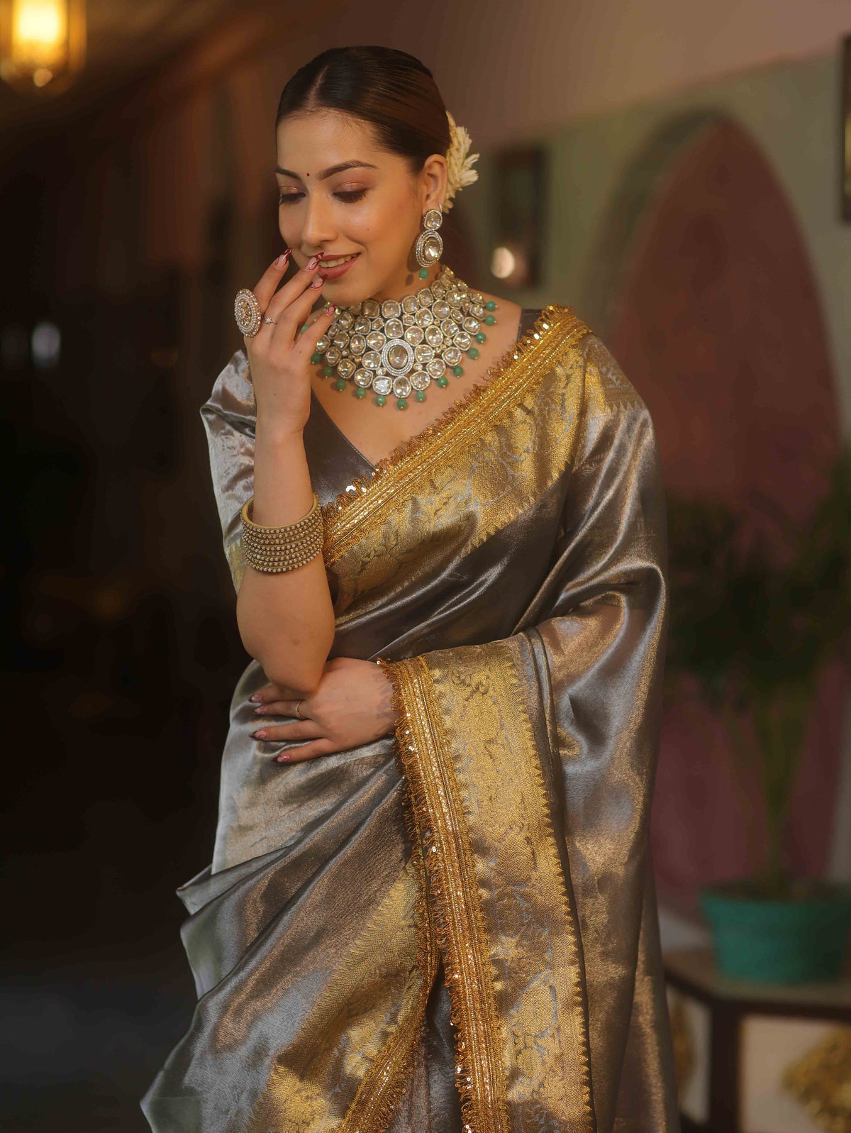 Banarasee Handwoven Plain Tissue Saree With Zari Border & Lace-Grey