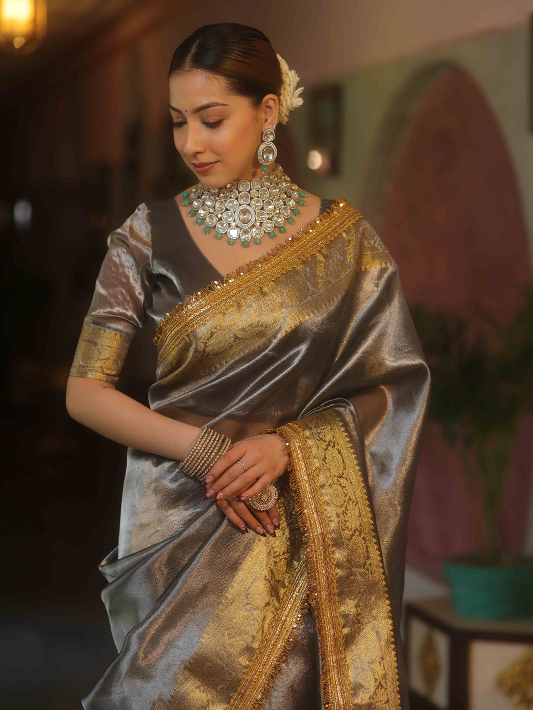 Banarasee Handwoven Plain Tissue Saree With Zari Border & Lace-Grey