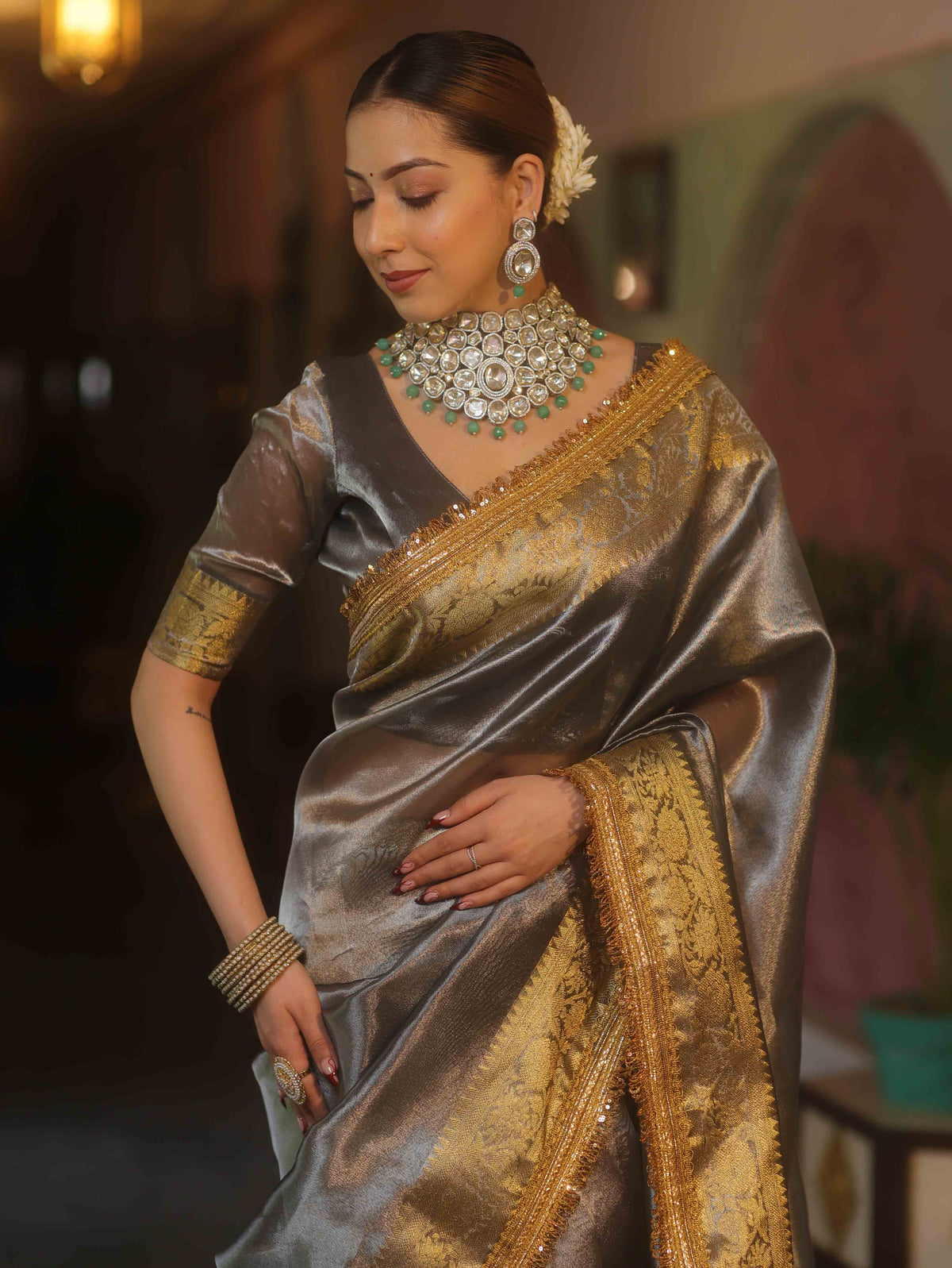 Banarasee Handwoven Plain Tissue Saree With Zari Border & Lace-Grey