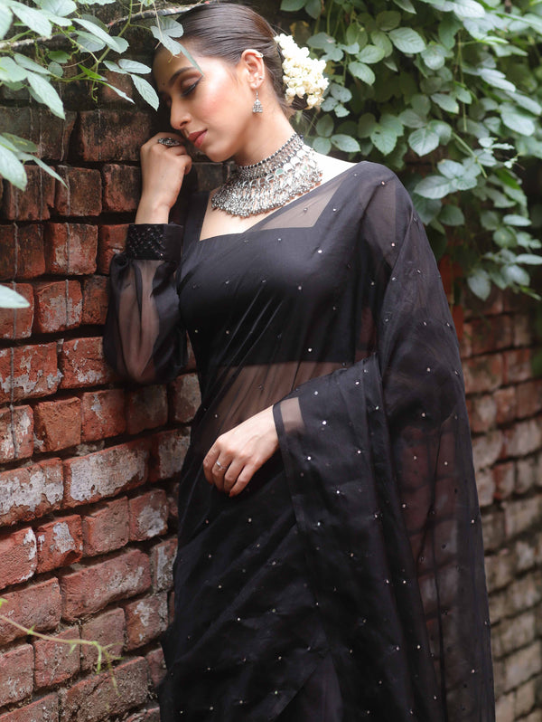 Banarasee Hand-Embroidered Mirror Work Organza Saree With Blouse-Black