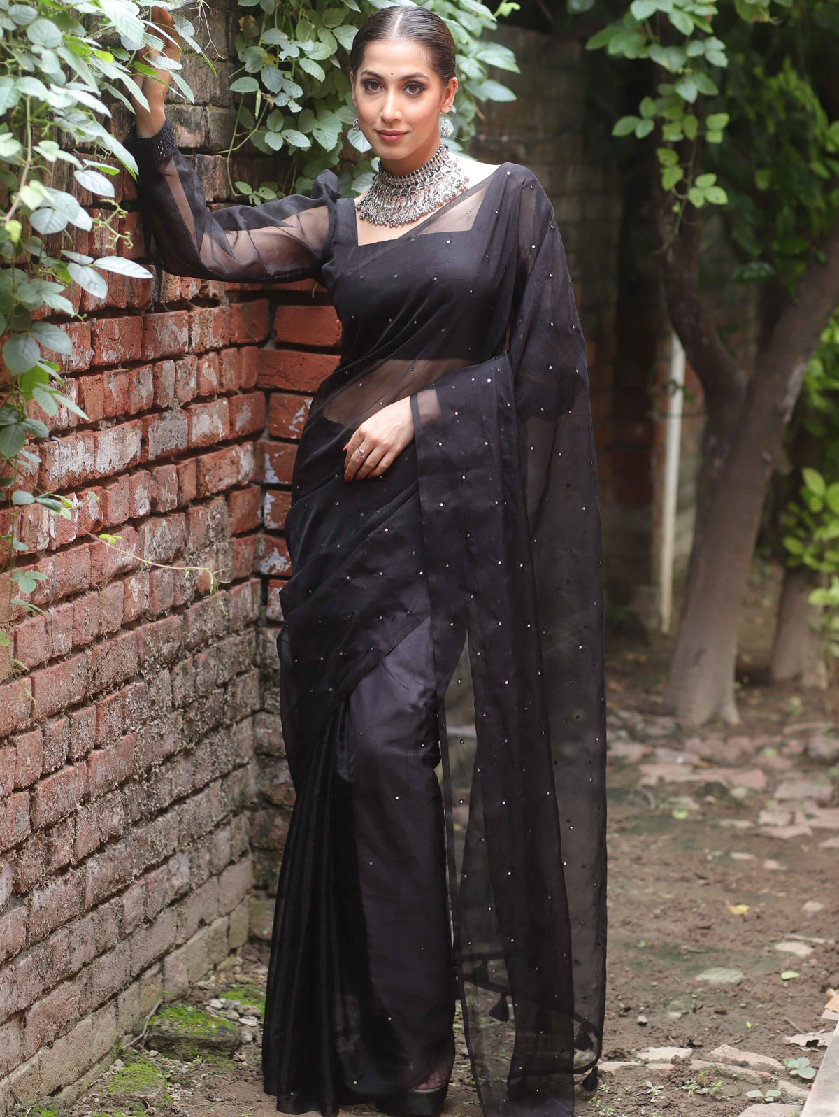 Banarasee Hand-Embroidered Mirror Work Organza Saree With Blouse-Black
