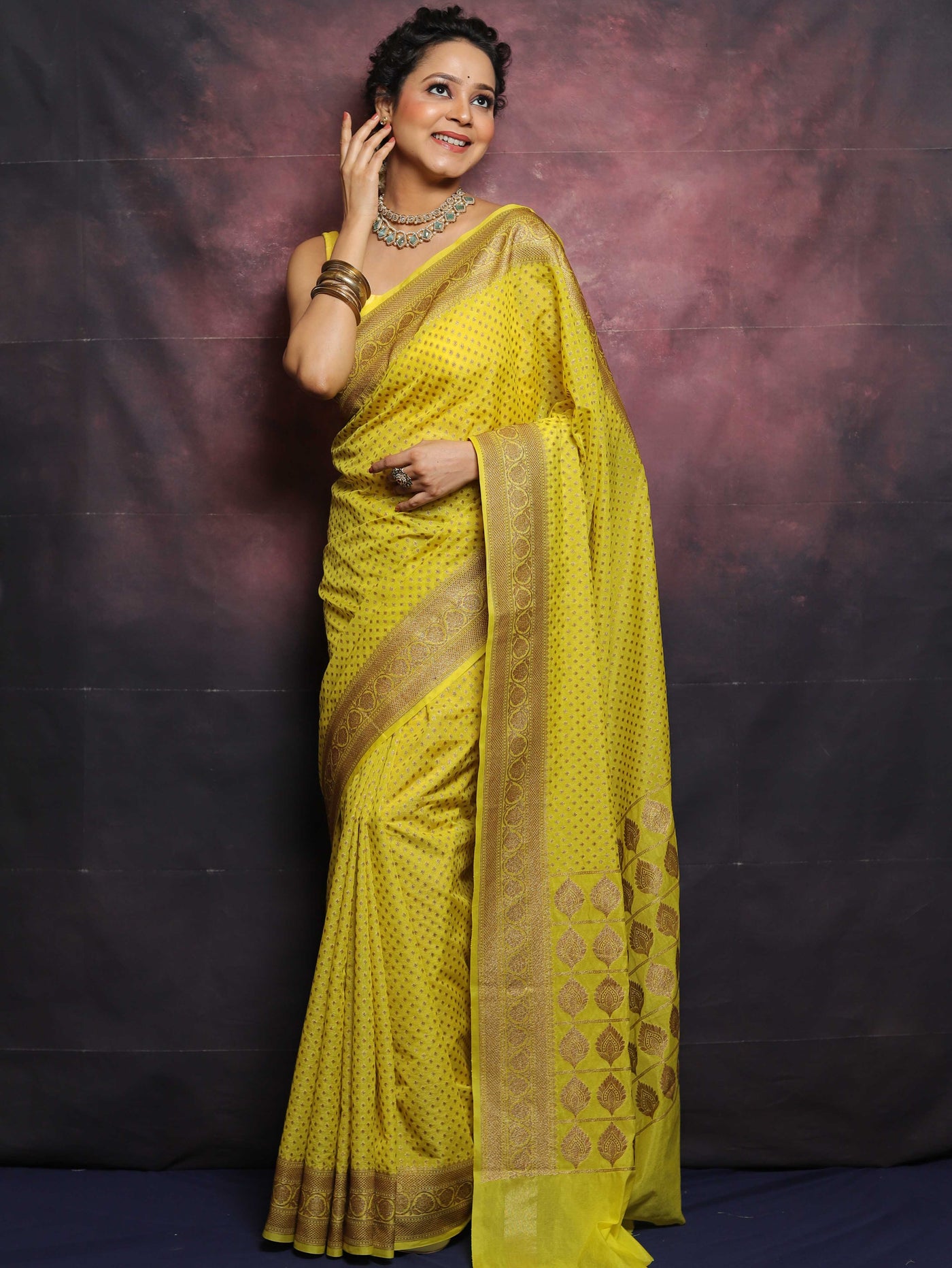 Banarasee Semi-Chiffon Antique Zari Saree-Yellow