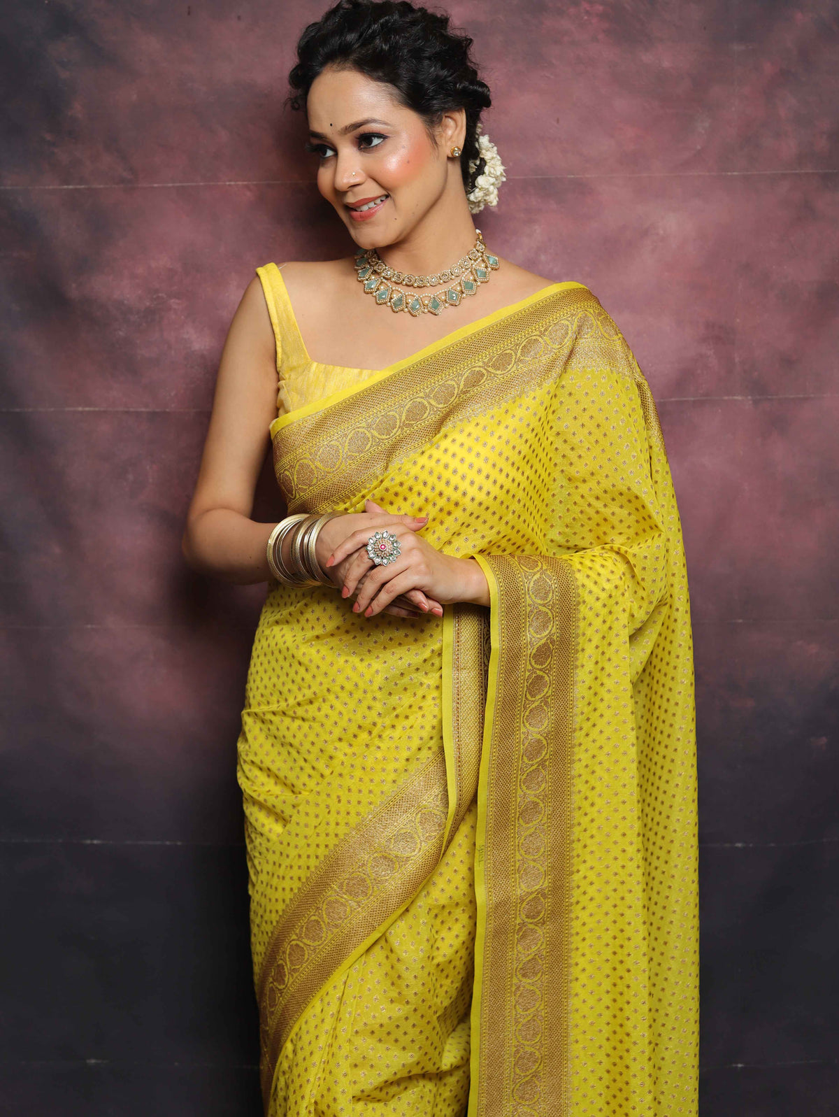 Banarasee Semi-Chiffon Antique Zari Saree-Yellow