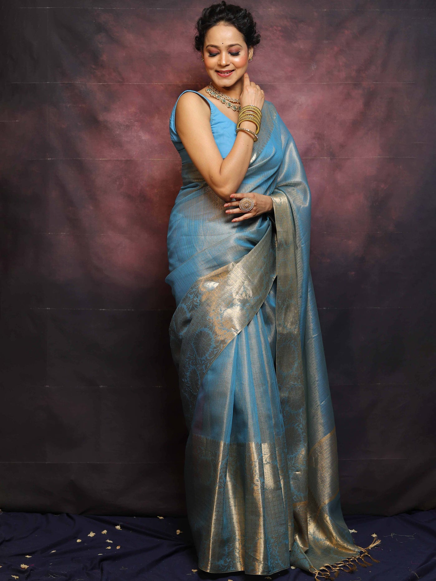 Banarasee Handwoven Plain Tissue Skirt Border Saree-Blue