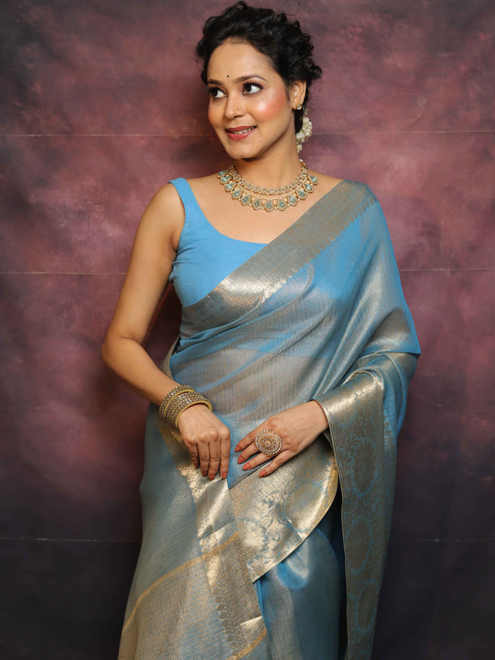 Banarasee Handwoven Plain Tissue Skirt Border Saree-Blue