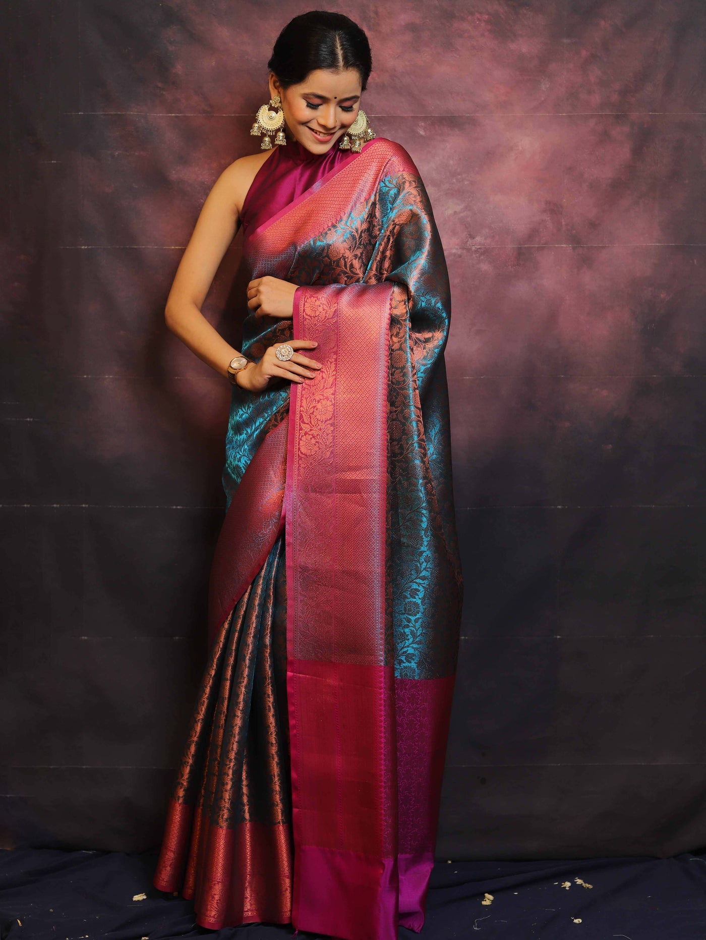 Banarasee Handwoven Broad Border Zari Jaal Design Tissue Saree-Blue
