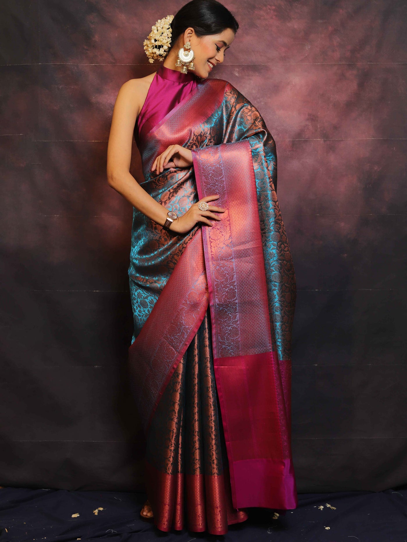 Banarasee Handwoven Broad Border Zari Jaal Design Tissue Saree-Blue