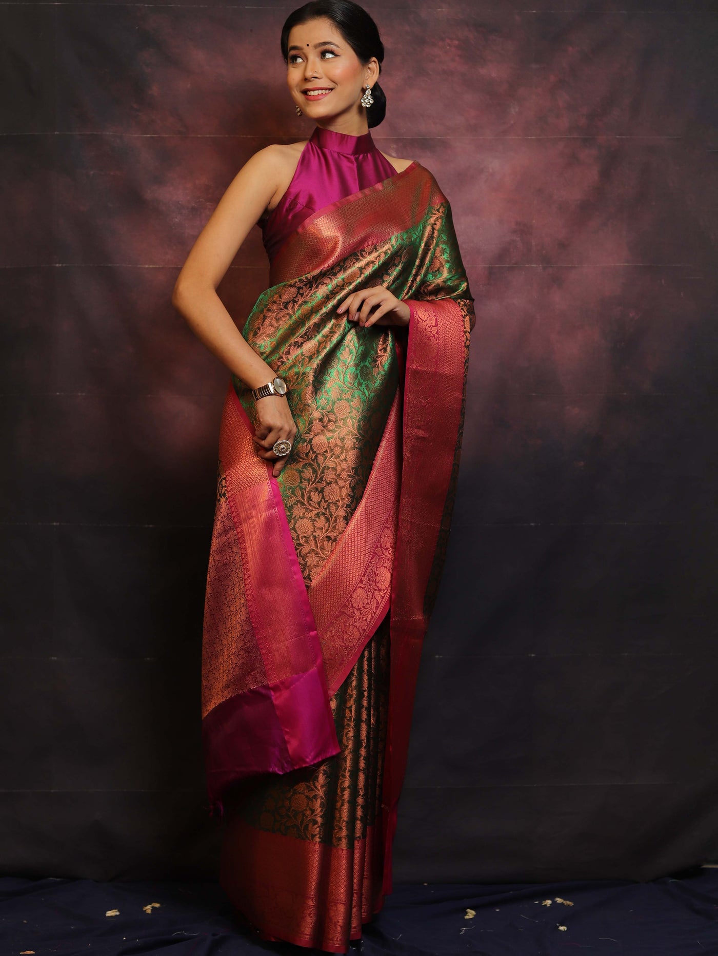 Banarasee Handwoven Broad Border Zari Jaal Design Tissue Saree-Green