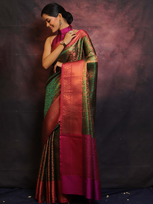 Banarasee Handwoven Broad Border Zari Jaal Design Tissue Saree-Green