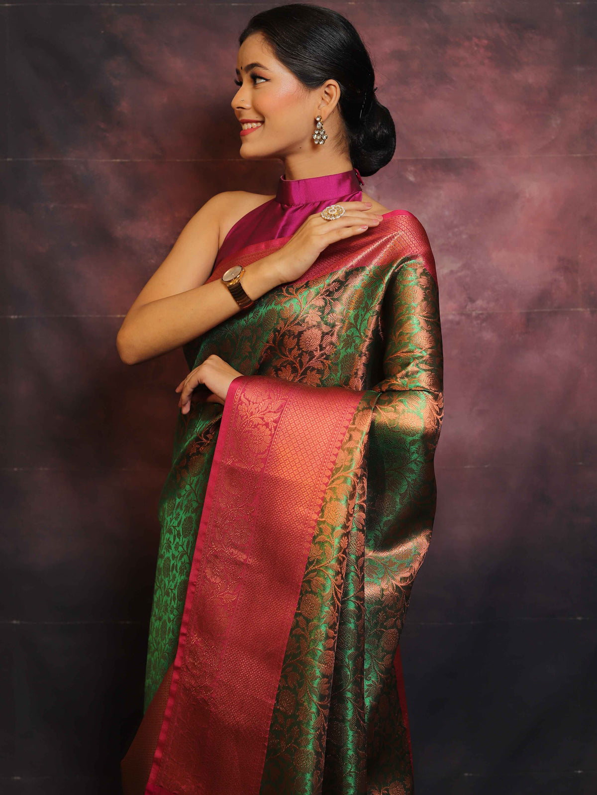 Banarasee Handwoven Broad Border Zari Jaal Design Tissue Saree-Green
