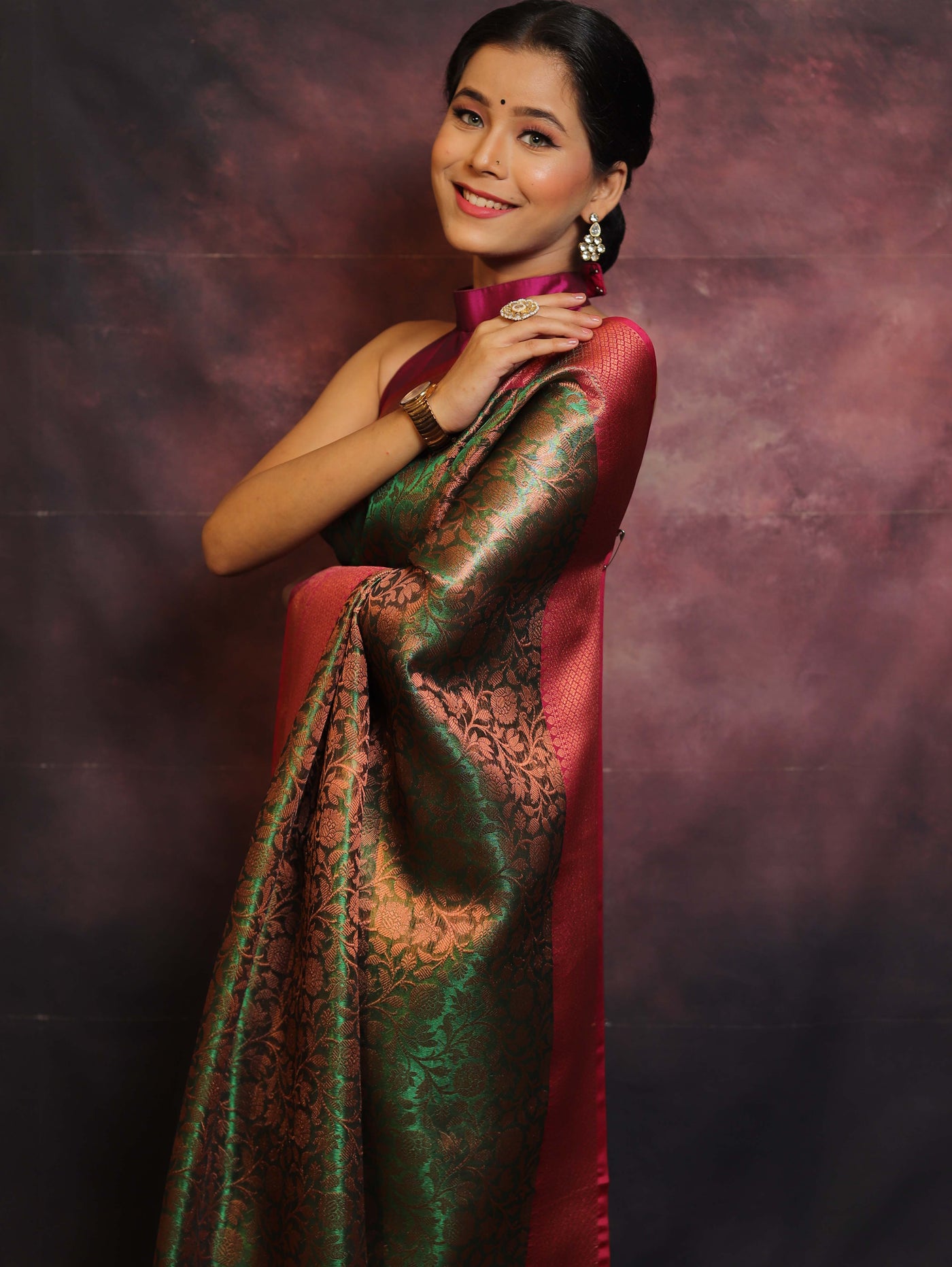 Banarasee Handwoven Broad Border Zari Jaal Design Tissue Saree-Green