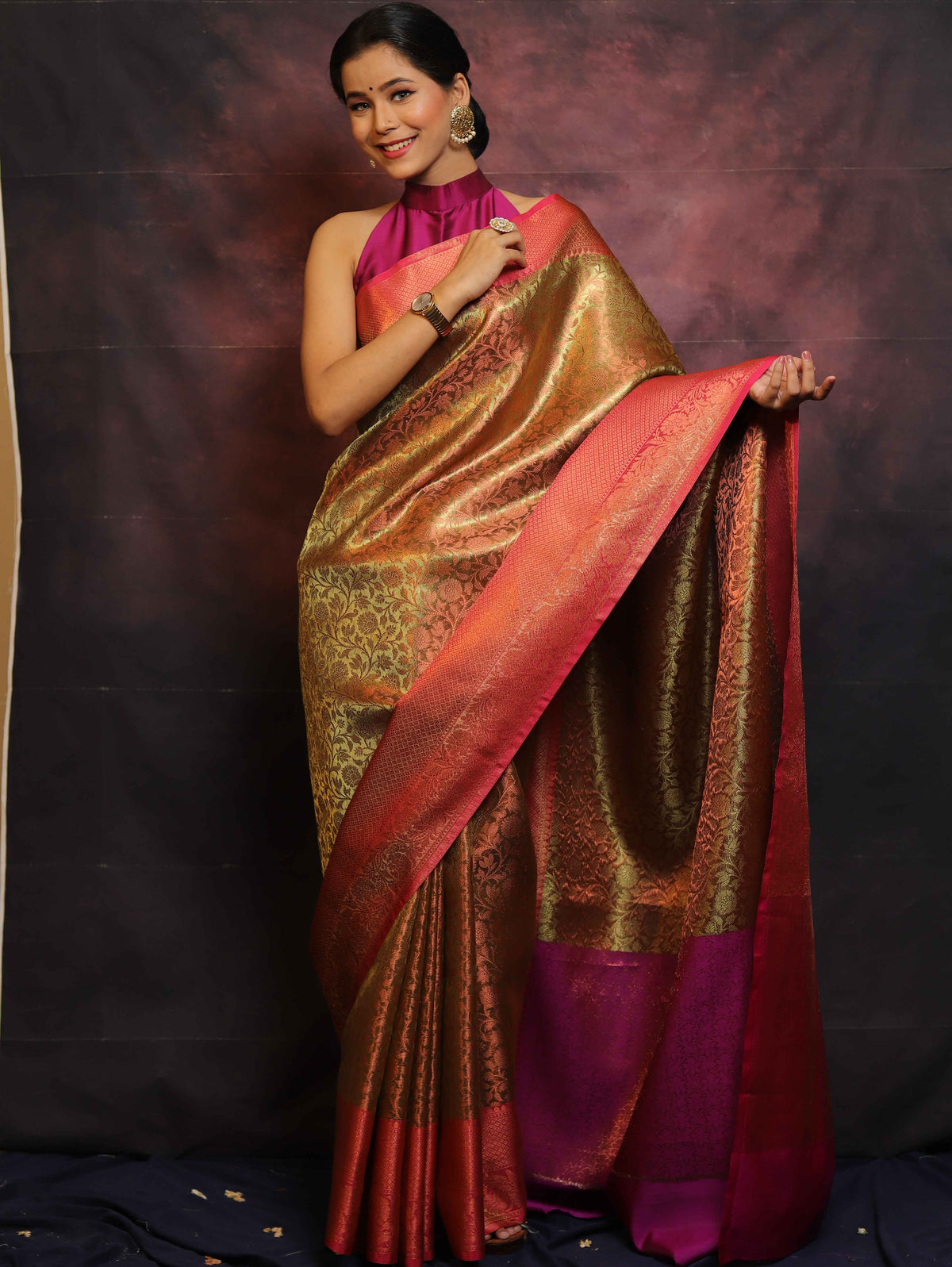 Banarasee Handwoven Broad Border Zari Jaal Design Tissue Saree-Gold