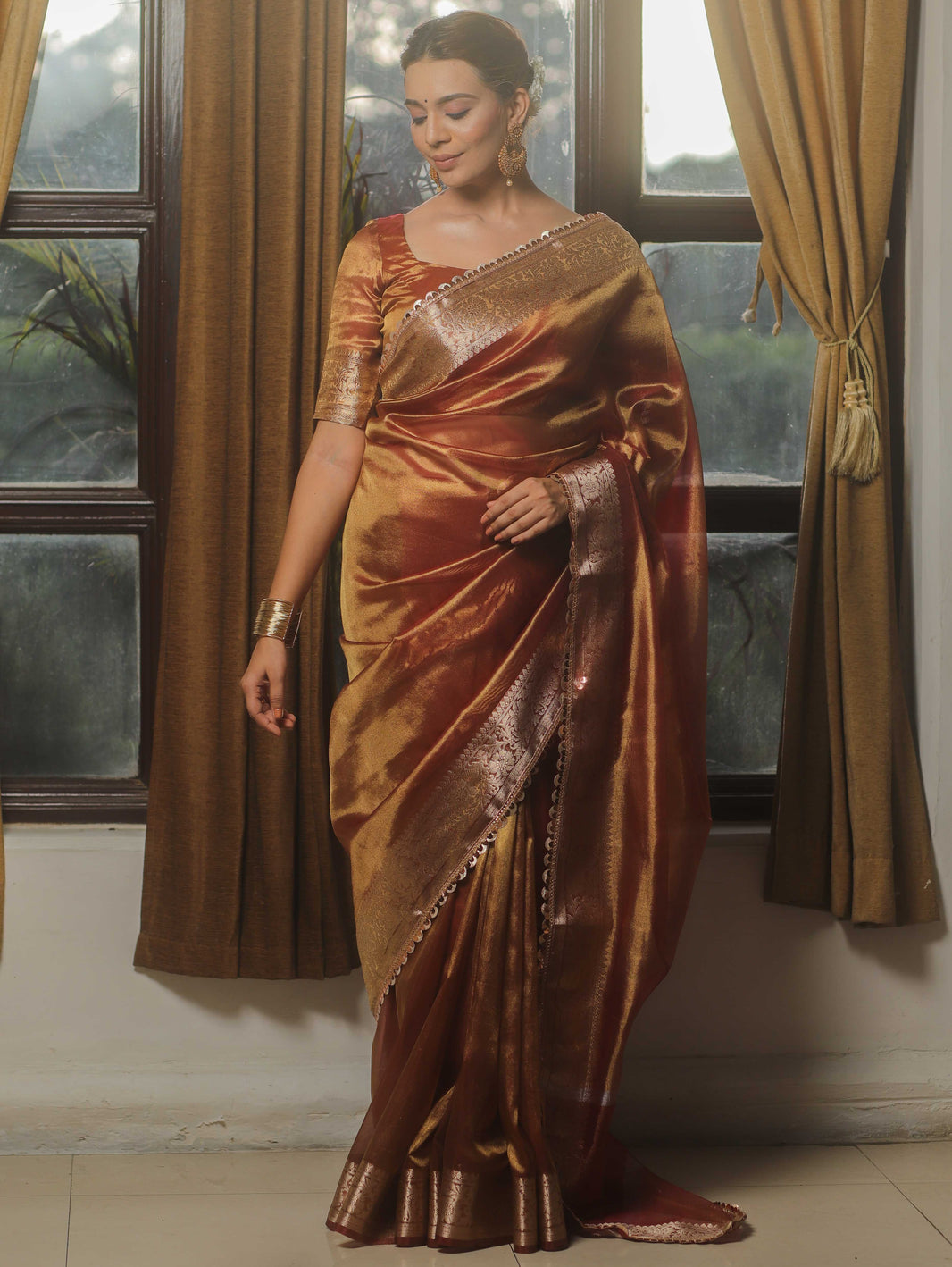 Banarasee Handwoven Plain Tissue Saree Zari Border With Lace-Rust