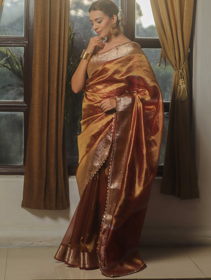 Banarasee Handwoven Plain Tissue Saree Zari Border With Lace-Rust