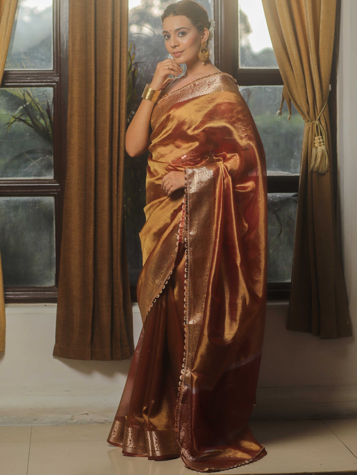 Banarasee Handwoven Plain Tissue Saree Zari Border With Lace-Rust