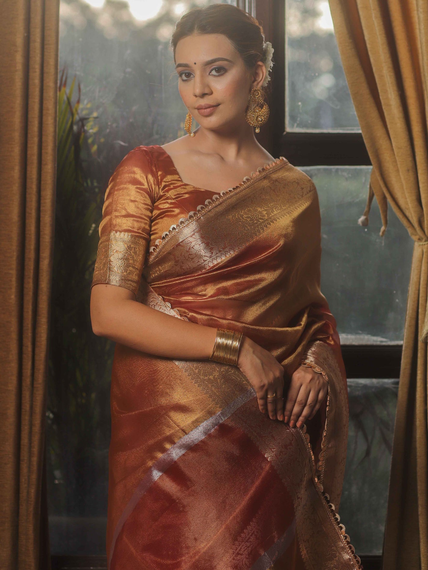 Banarasee Handwoven Plain Tissue Saree Zari Border With Lace-Rust