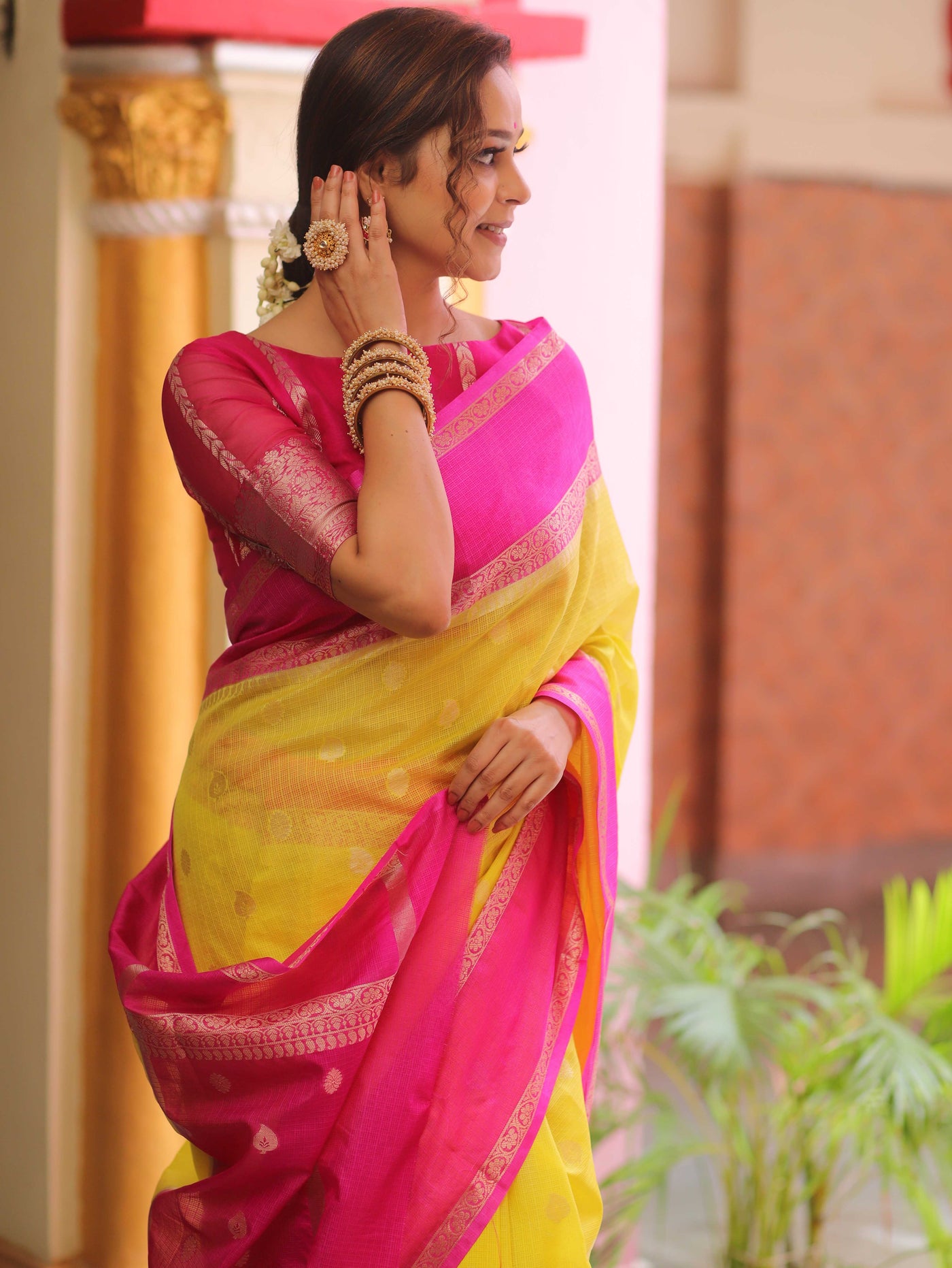 Banarasee Cotton Silk Mix Kota Checks Saree With Zari Design-Yellow