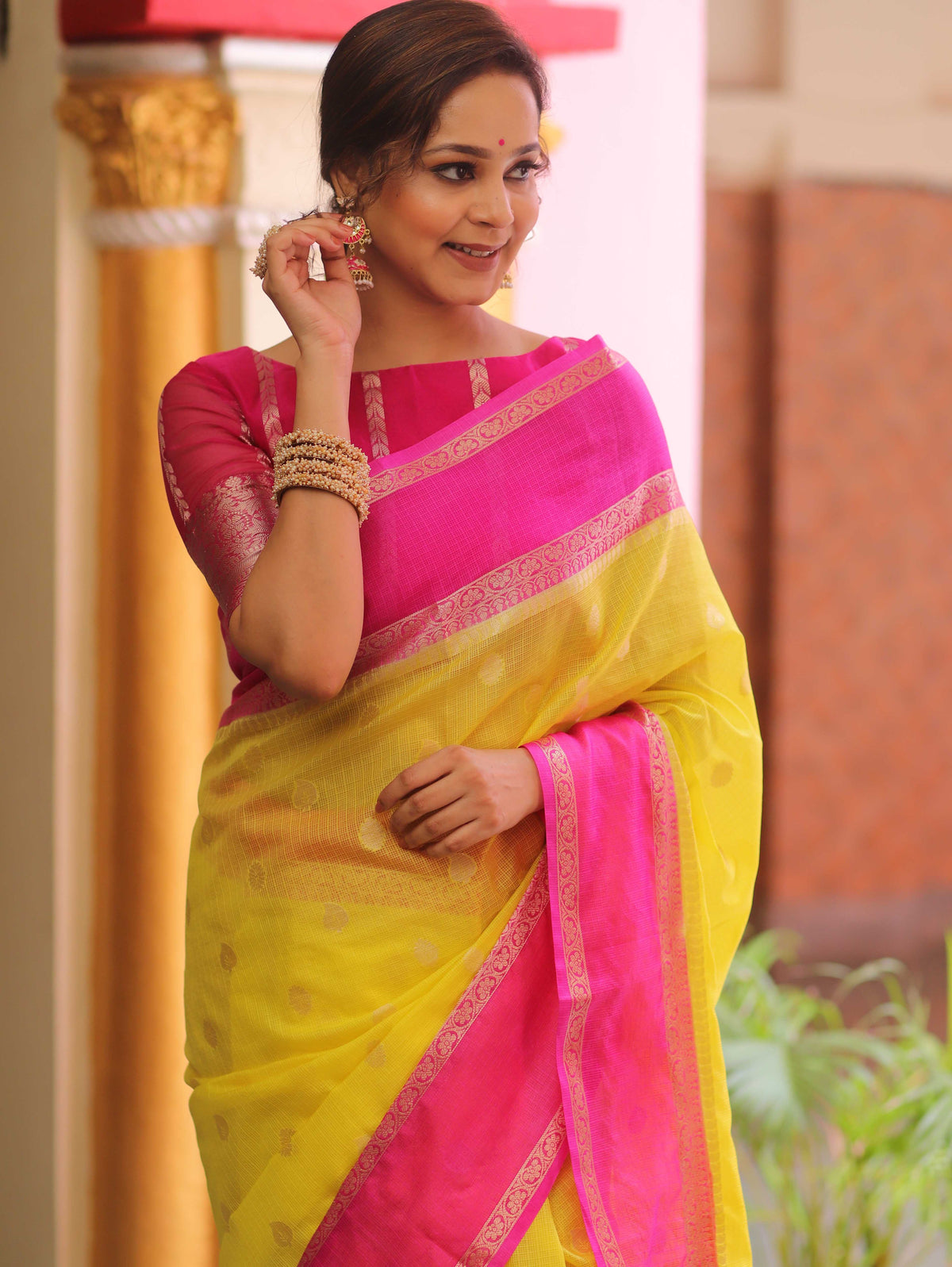 Banarasee Cotton Silk Mix Kota Checks Saree With Zari Design-Yellow