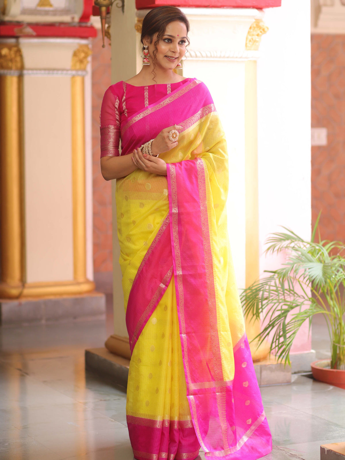 Banarasee Cotton Silk Mix Kota Checks Saree With Zari Design-Yellow