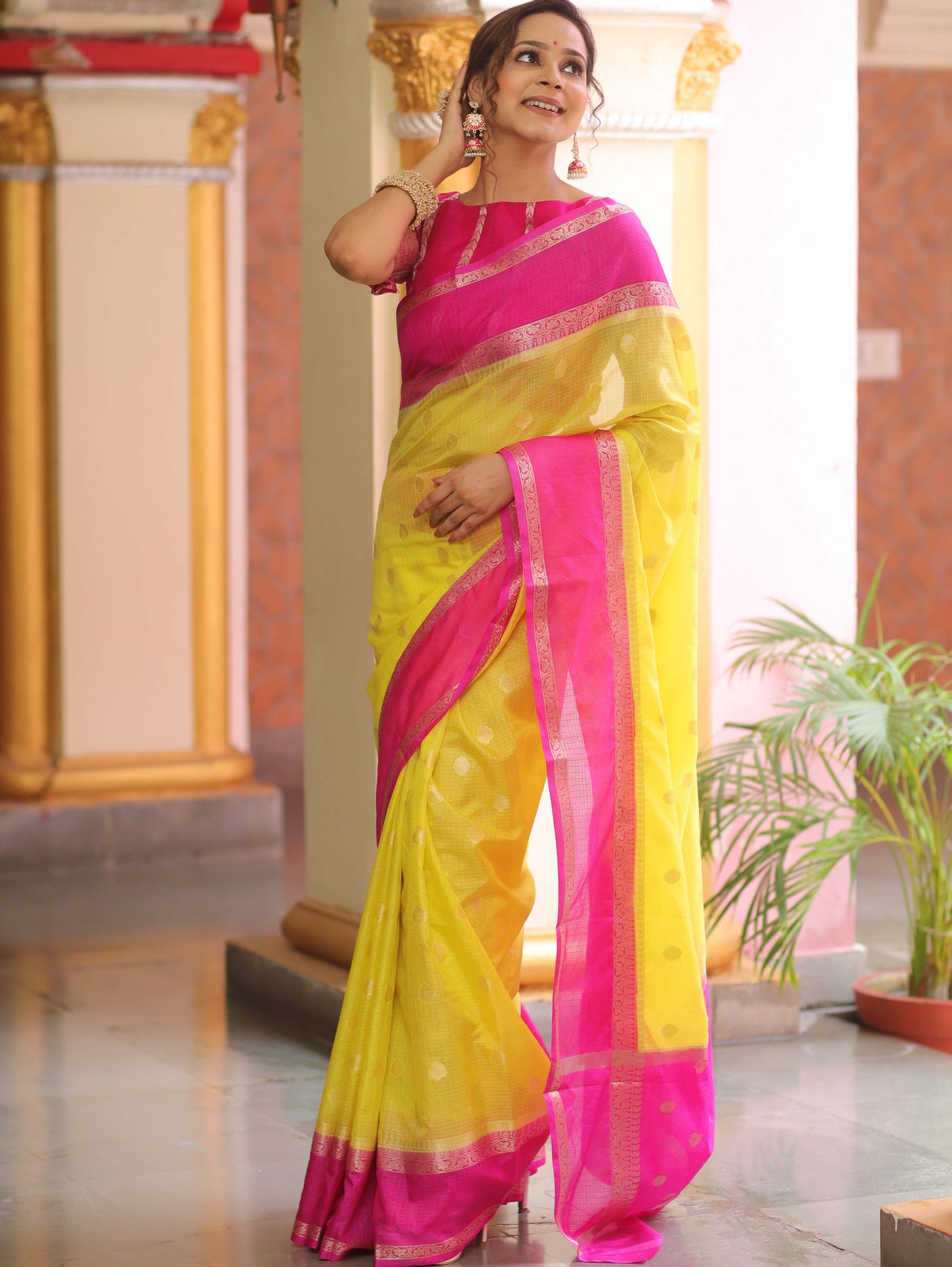 Banarasee Cotton Silk Mix Kota Checks Saree With Zari Design-Yellow