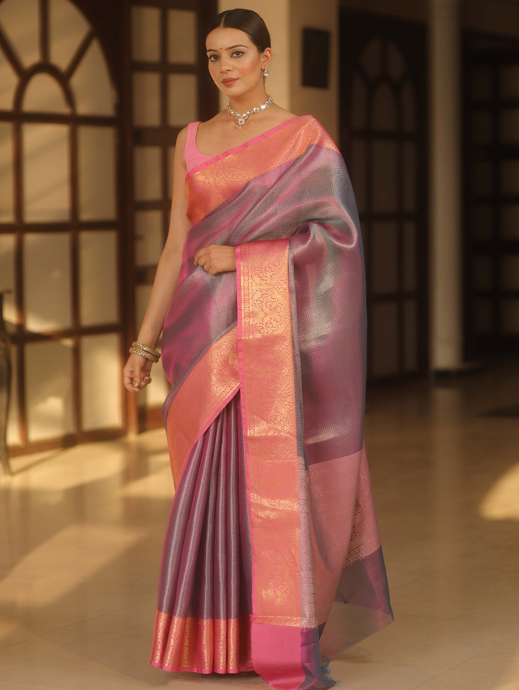 Banarasee Handwoven Tissue Zari Saree With Contrast Broder-Blue & Pink