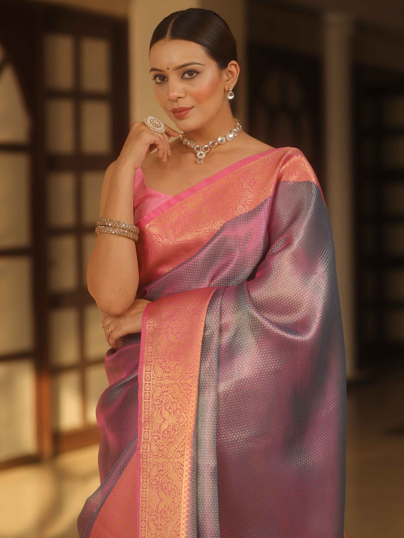 Banarasee Handwoven Tissue Zari Saree With Contrast Broder-Blue & Pink