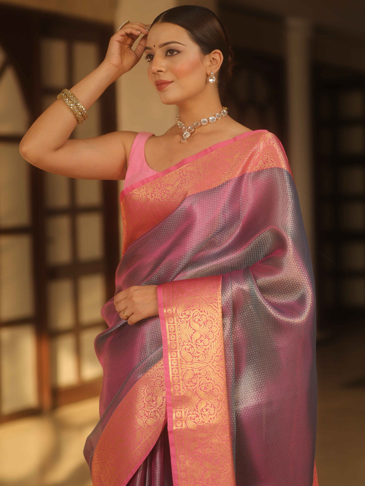 Banarasee Handwoven Tissue Zari Saree With Contrast Broder-Blue & Pink