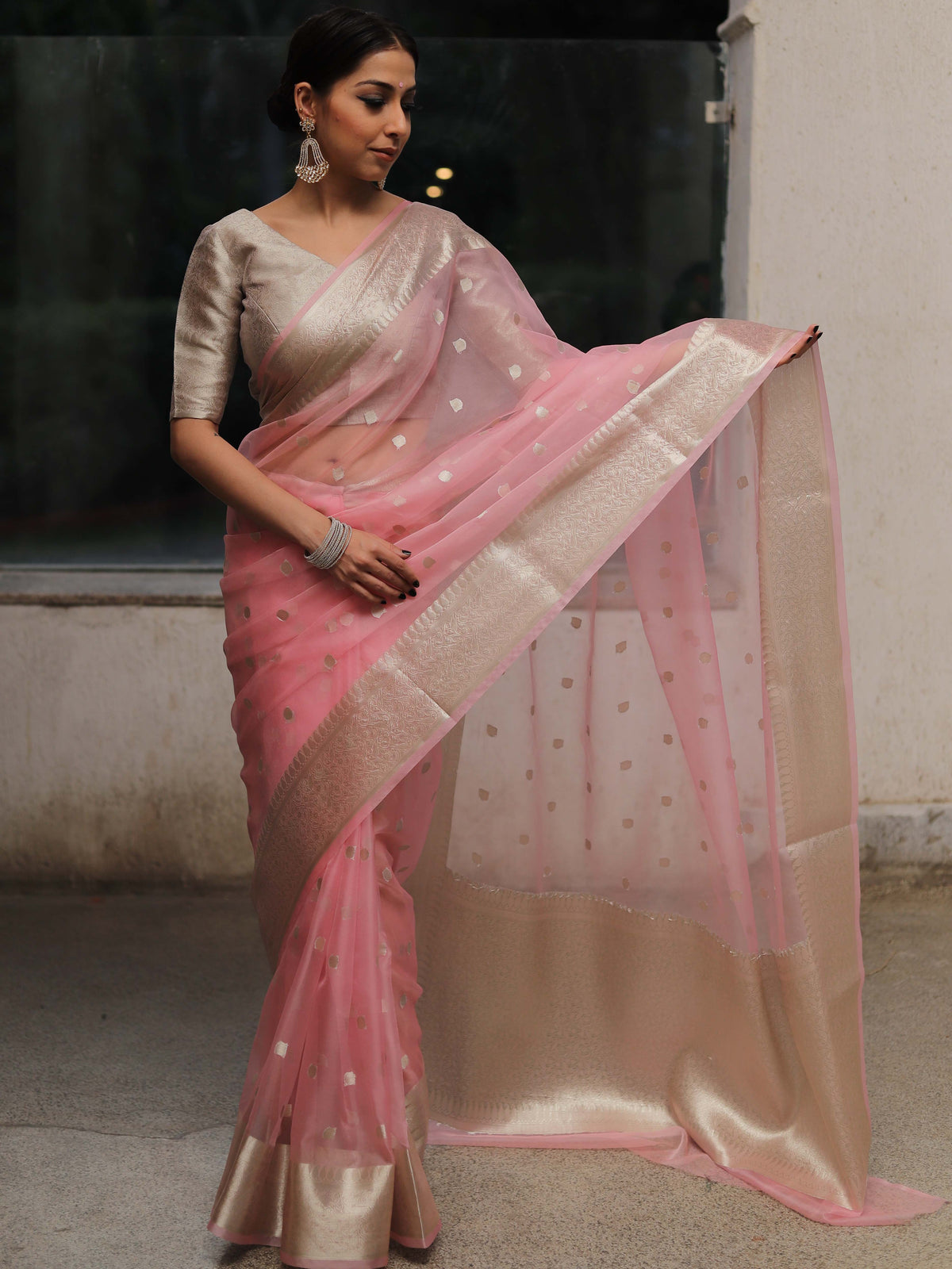 Banarasee Organza Mix Saree With Silver Zari Buta & Border-Pink