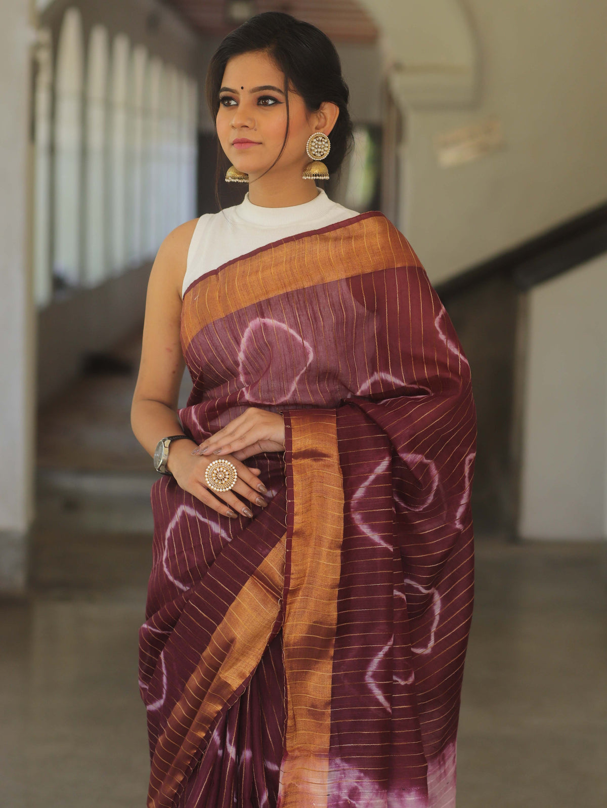 Bhagalpur Cotton Silk Ghichha Work Hand-Dyed Shibori Pattern Saree-Vio