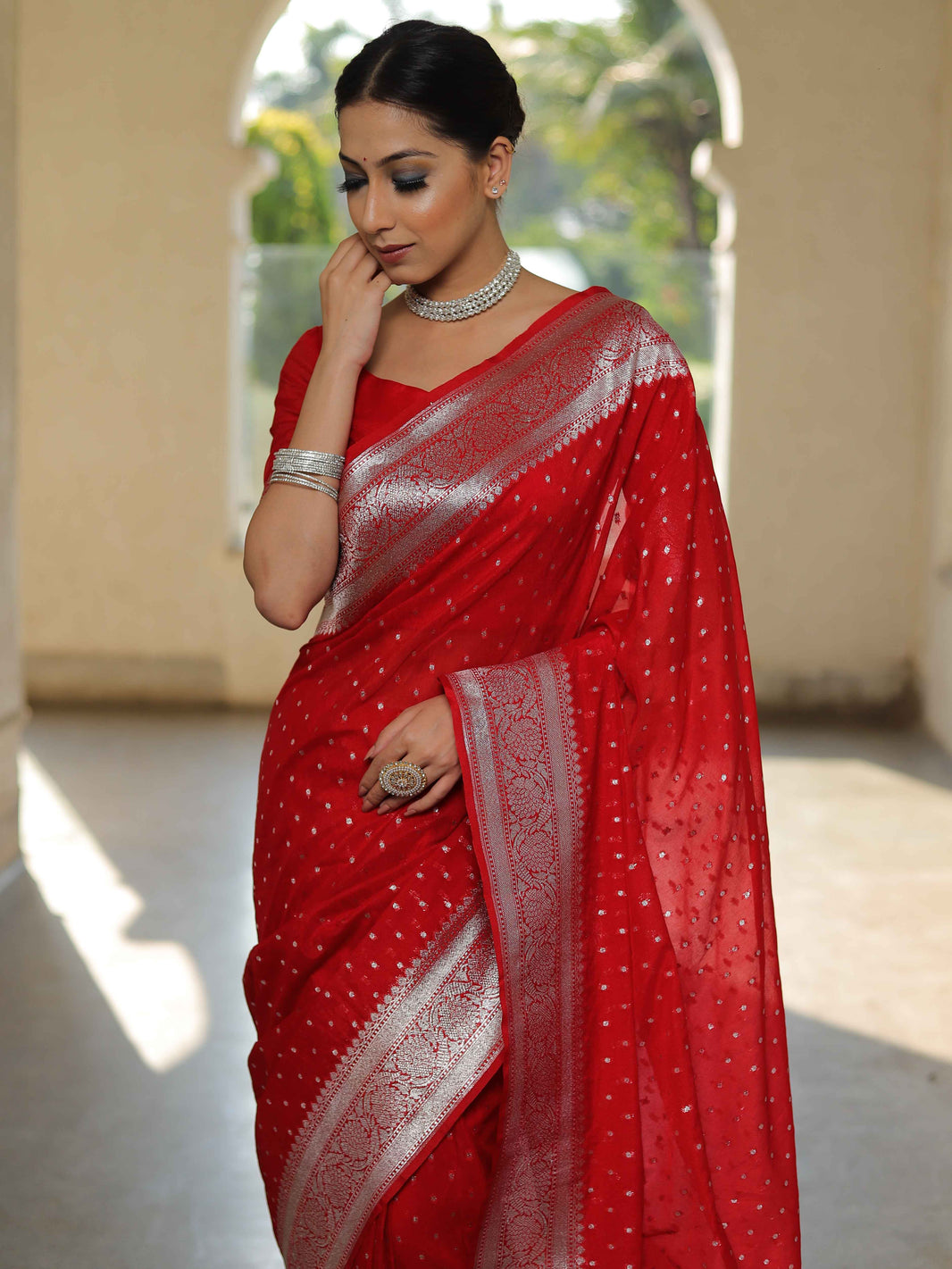 Banarasee Handwoven Faux Georgette Saree With Silver Zari Buti Design-
